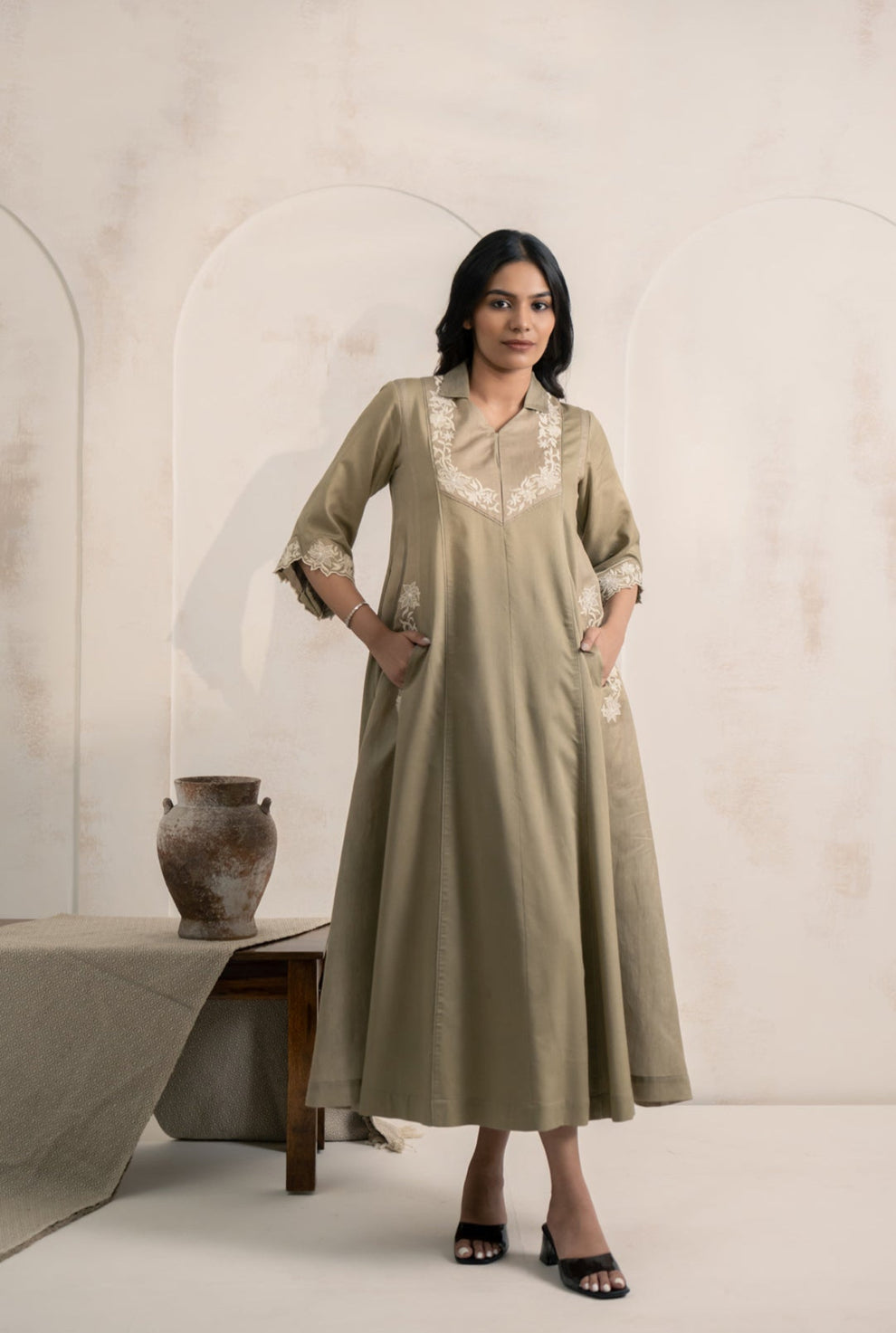 Sage Green Cotton Satin Midi Dress with Ivory Floral Embroidery ...